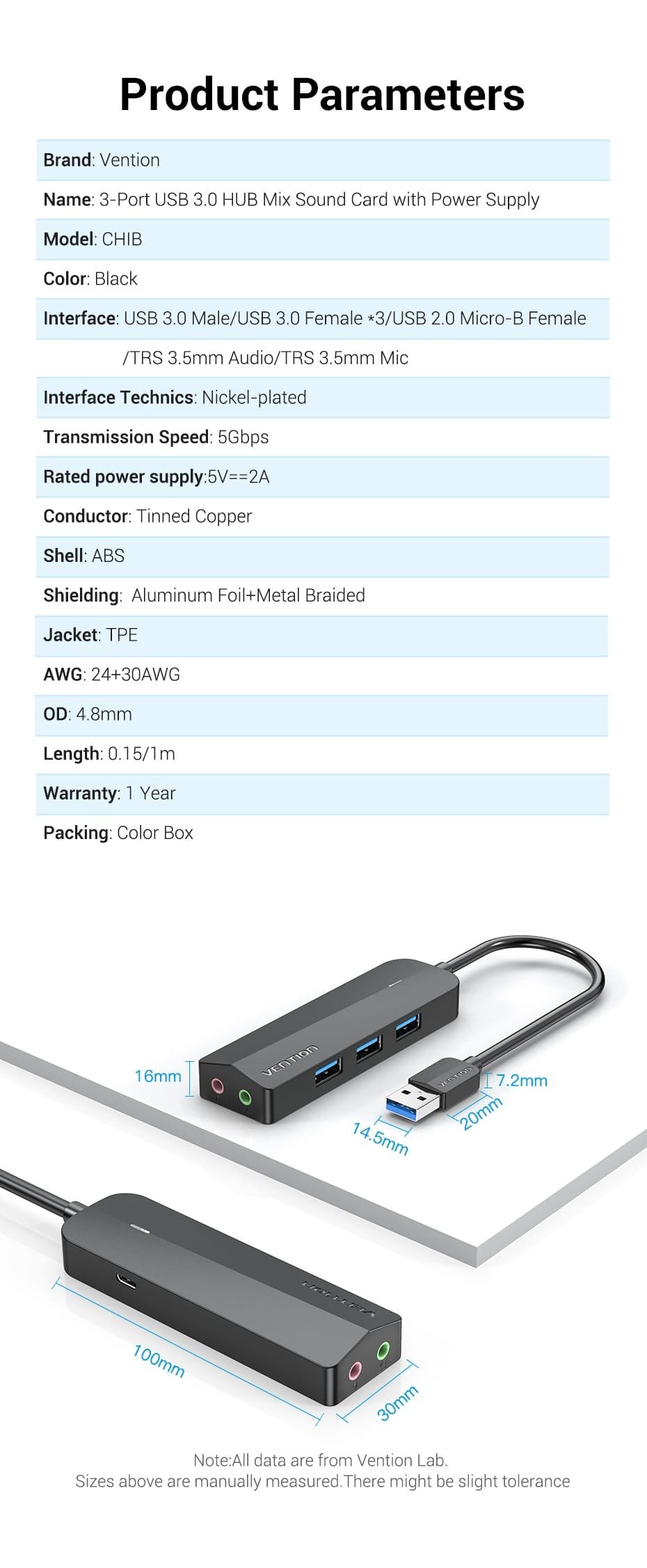 Vention CHIBB 3-Port USB3.0 Hub with Sound Card and Power Supply ...